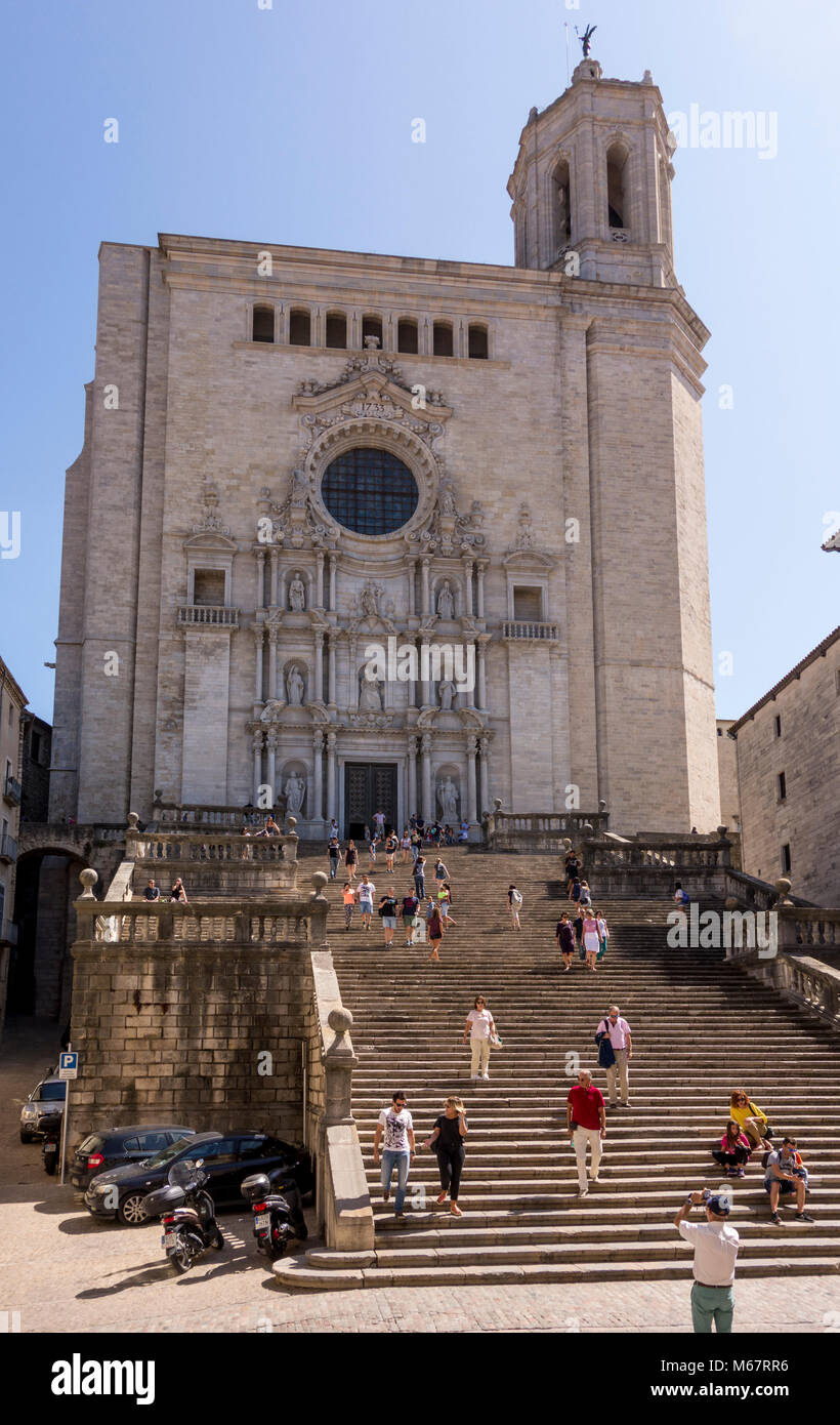 Tourists on the steps leading to La Catedral de Girona (Girona ...
