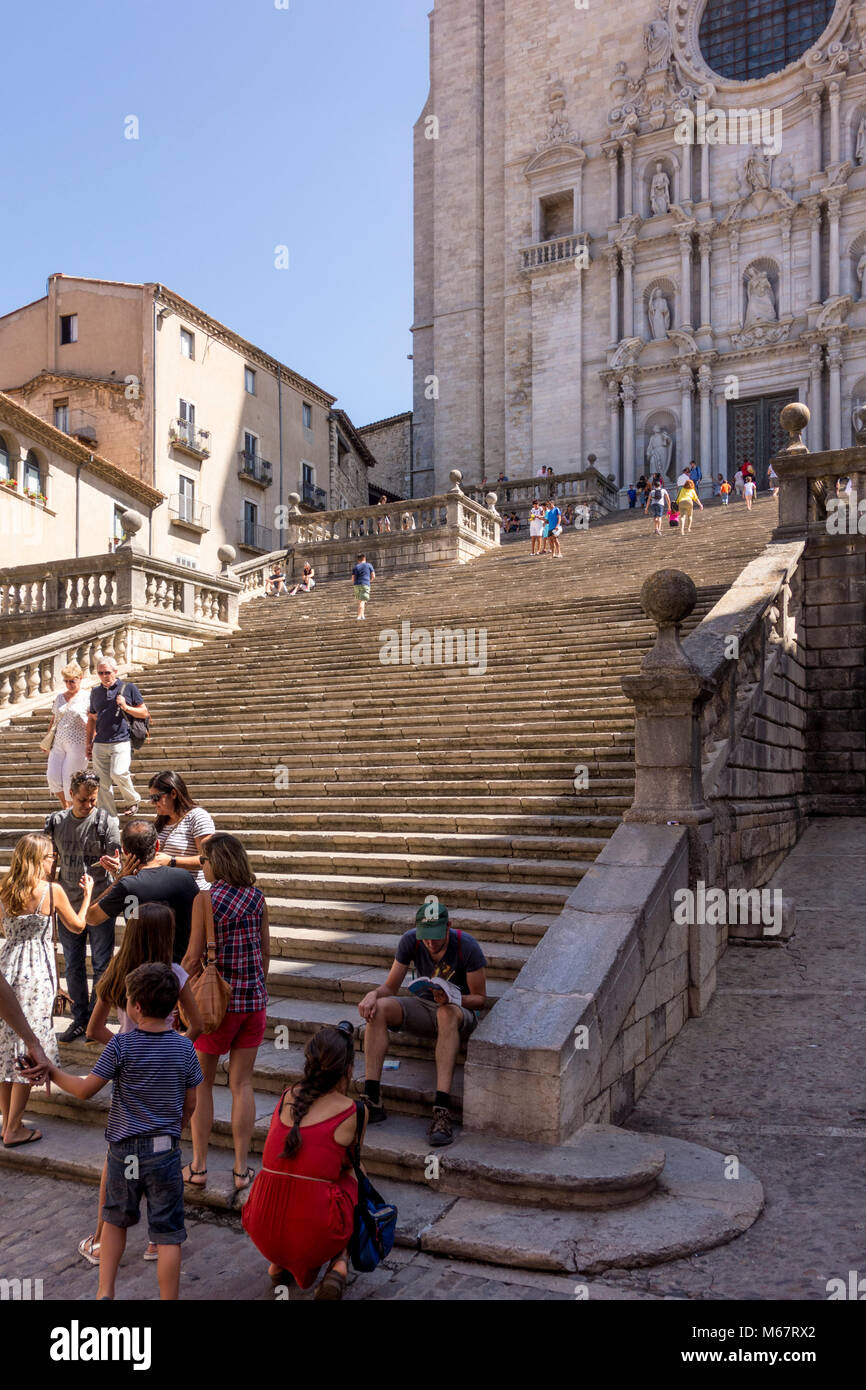 Tourists on the steps leading to La Catedral de Girona (Girona ...