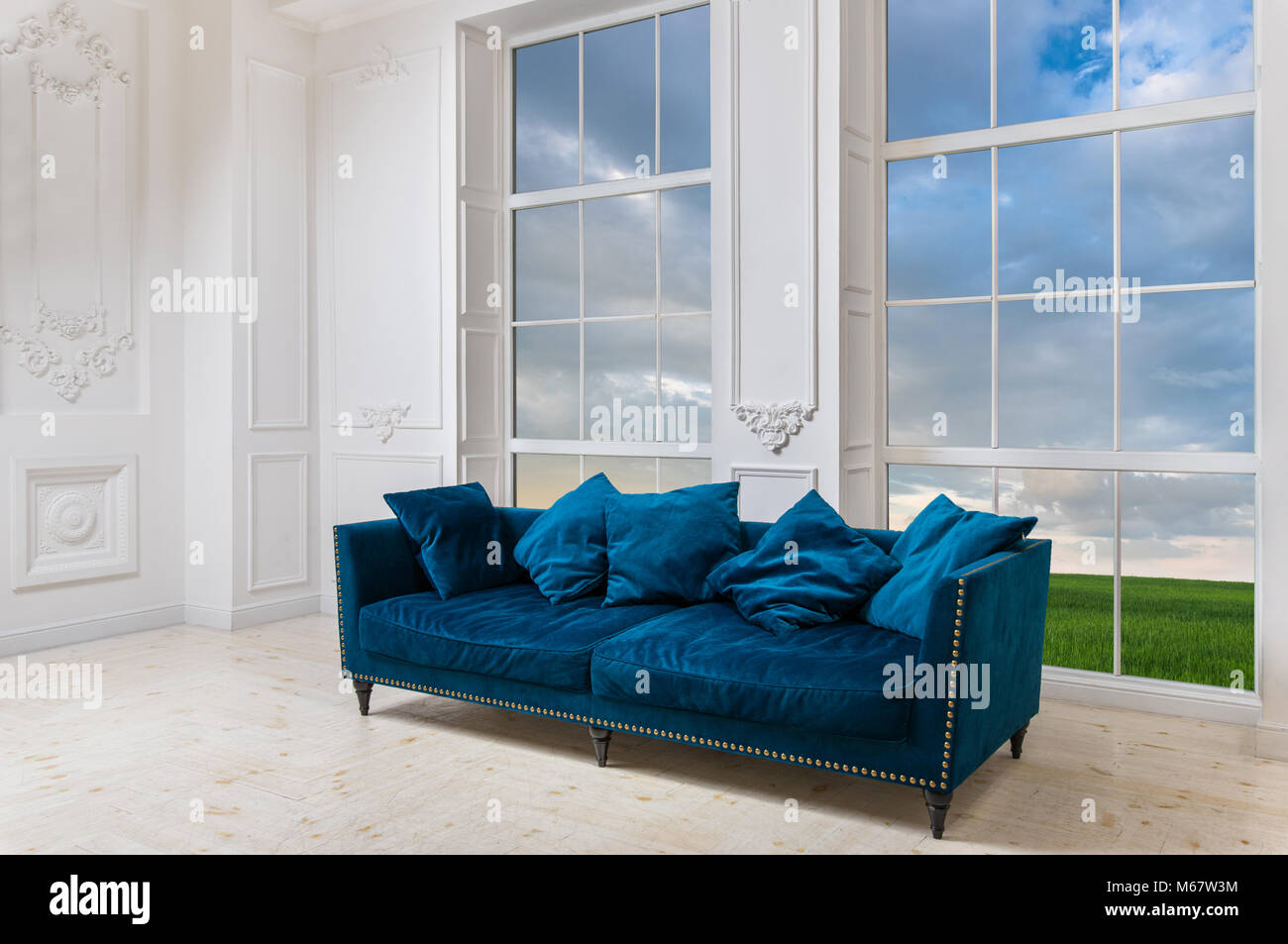 Spacious classic living room with scenic window view Stock Photo - Alamy