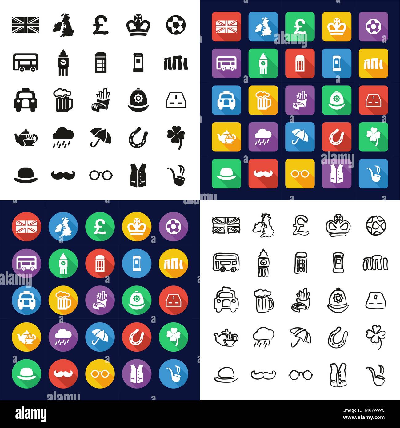United Kingdom All in One Icons Black & White Color Flat Design ...