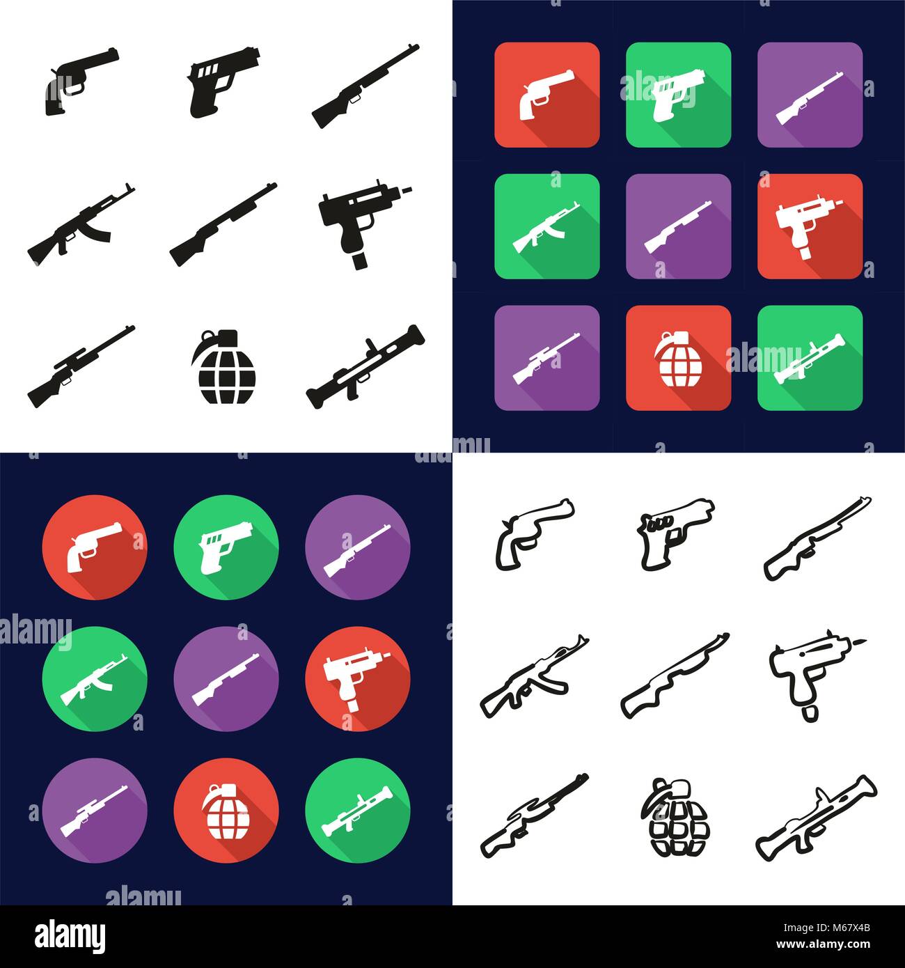 Weapons All in One Icons Black & White Color Flat Design Freehand Set ...