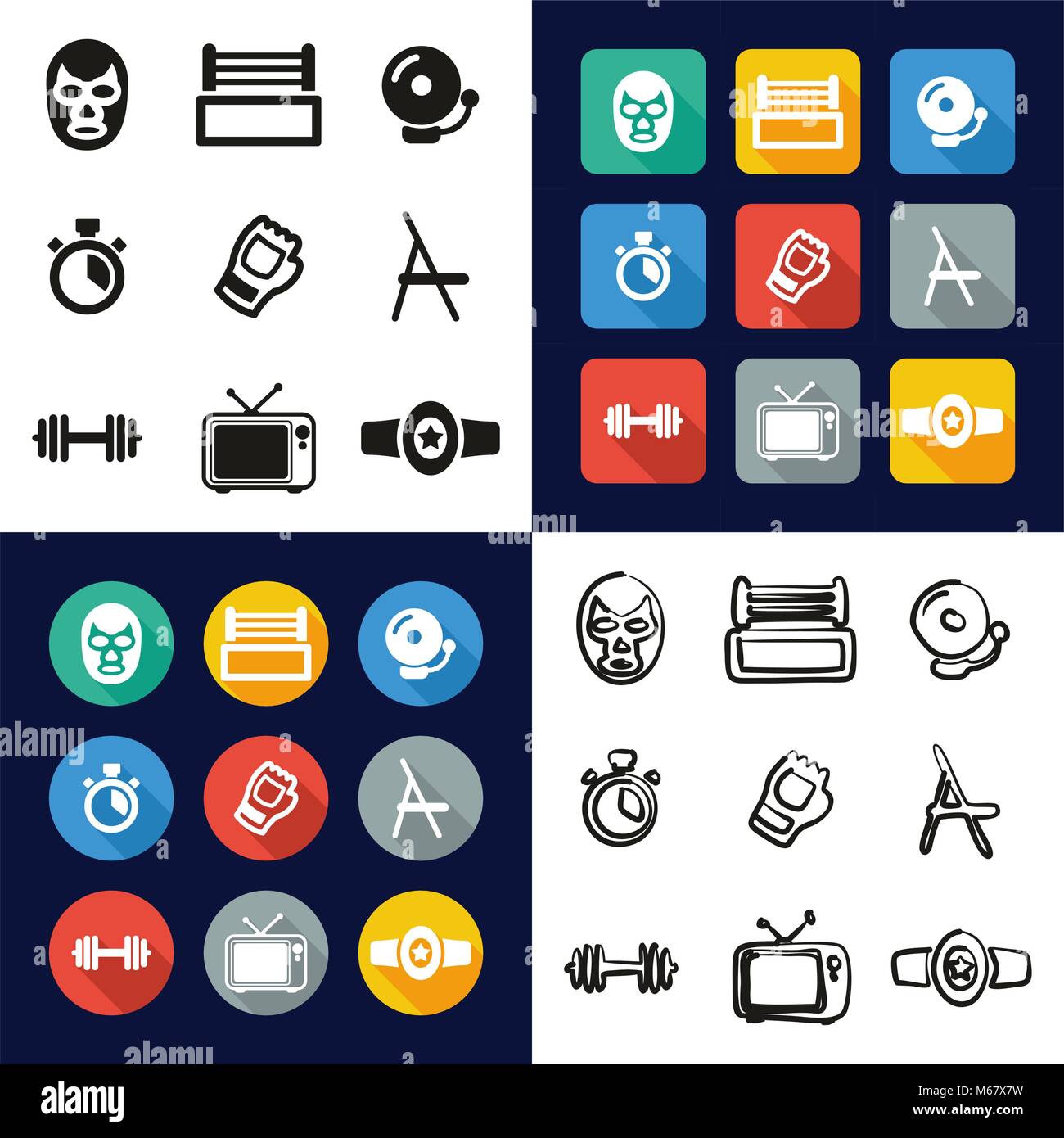 Wrestling All in One Icons Black & White Color Flat Design Freehand Set Stock Vector Image & Art ...