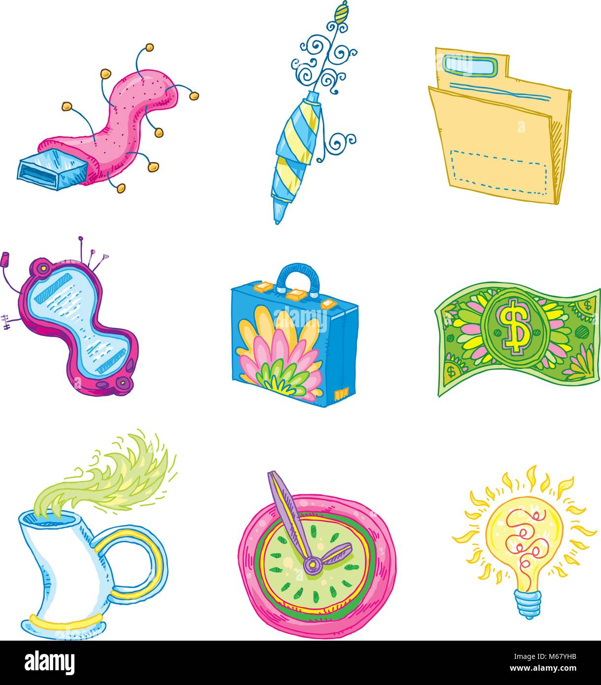 A collection of cartoon office and business objects in a groovy, bright ...