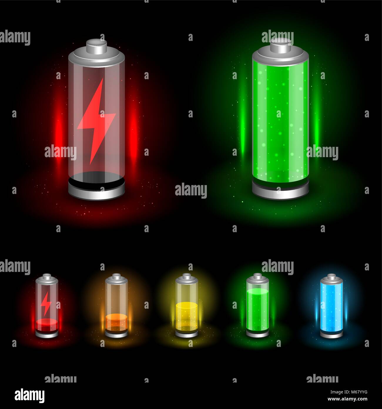 Battery accumulator icon set on dark black background. Glossy batteries ...