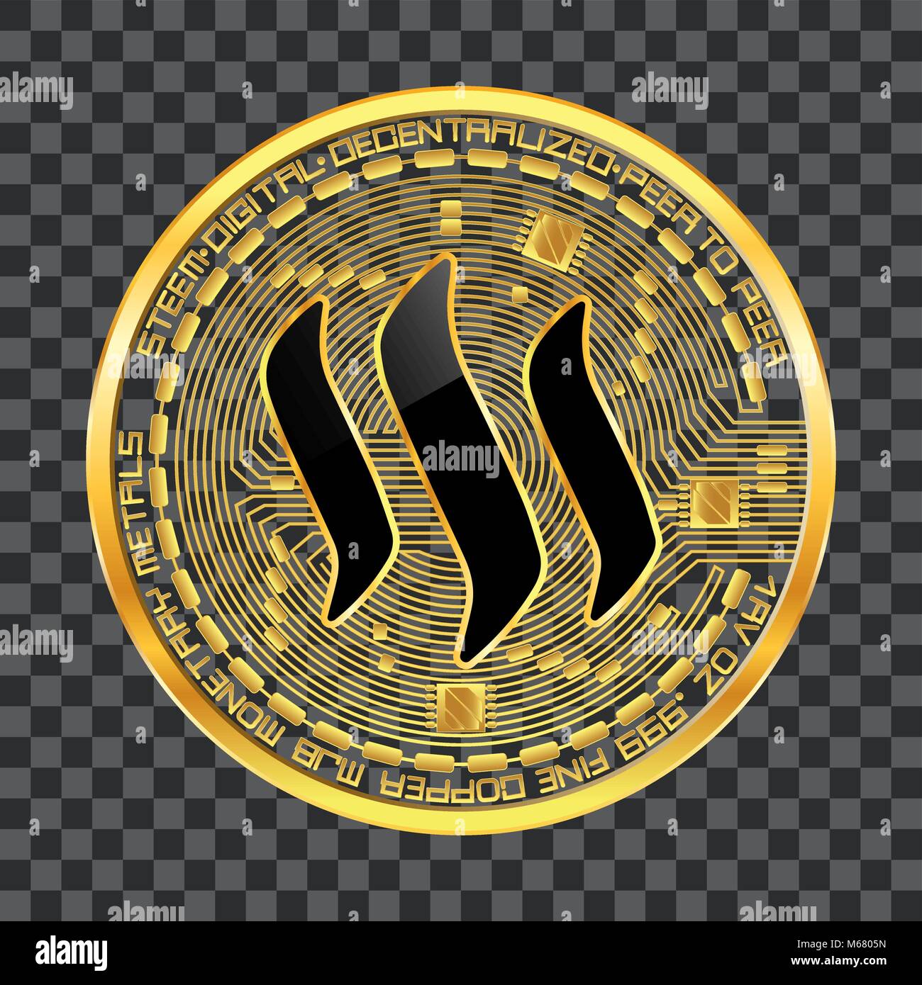 Crypto currency golden coin with black lackered steem symbol on obverse ...