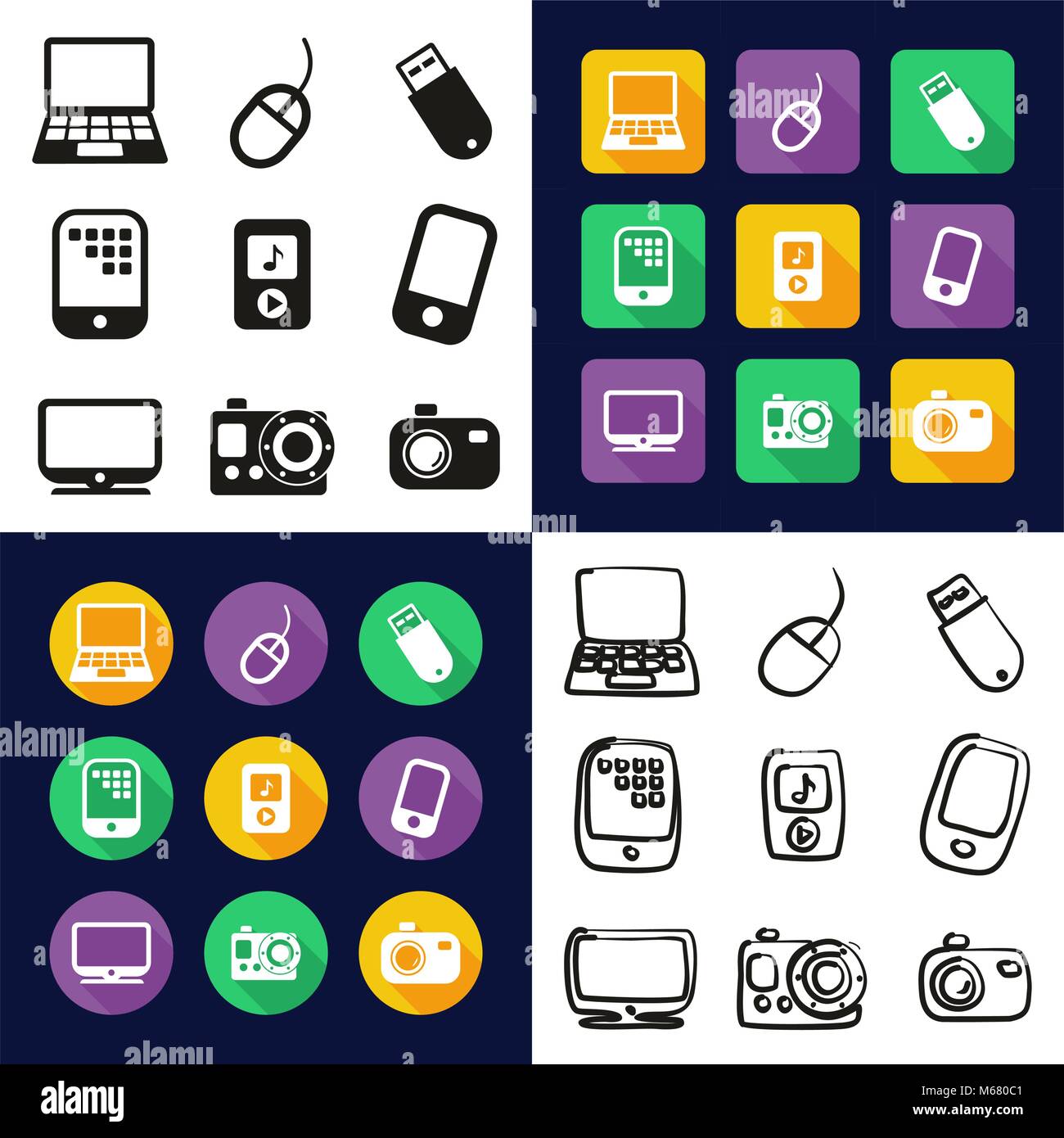 Technology All in One Icons Black & White Color Flat Design Freehand ...
