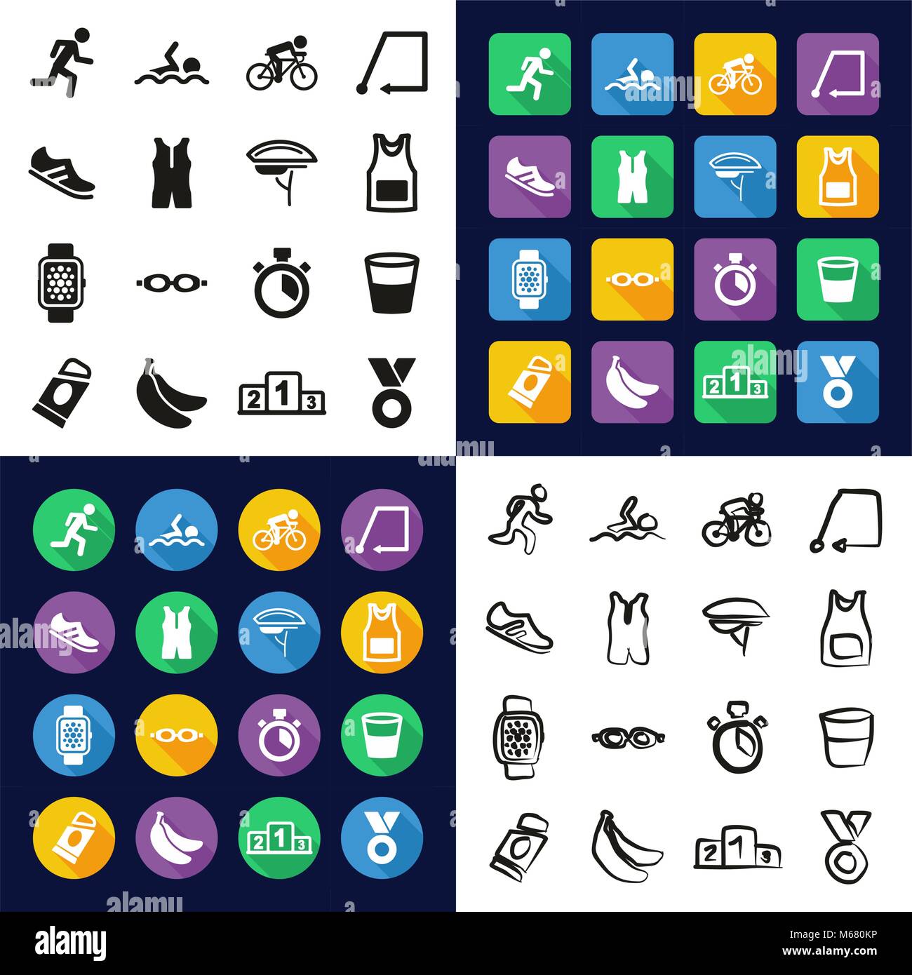 Triathlon All in One Icons Black & White Color Flat Design Freehand Set Stock Vector Image & Art ...