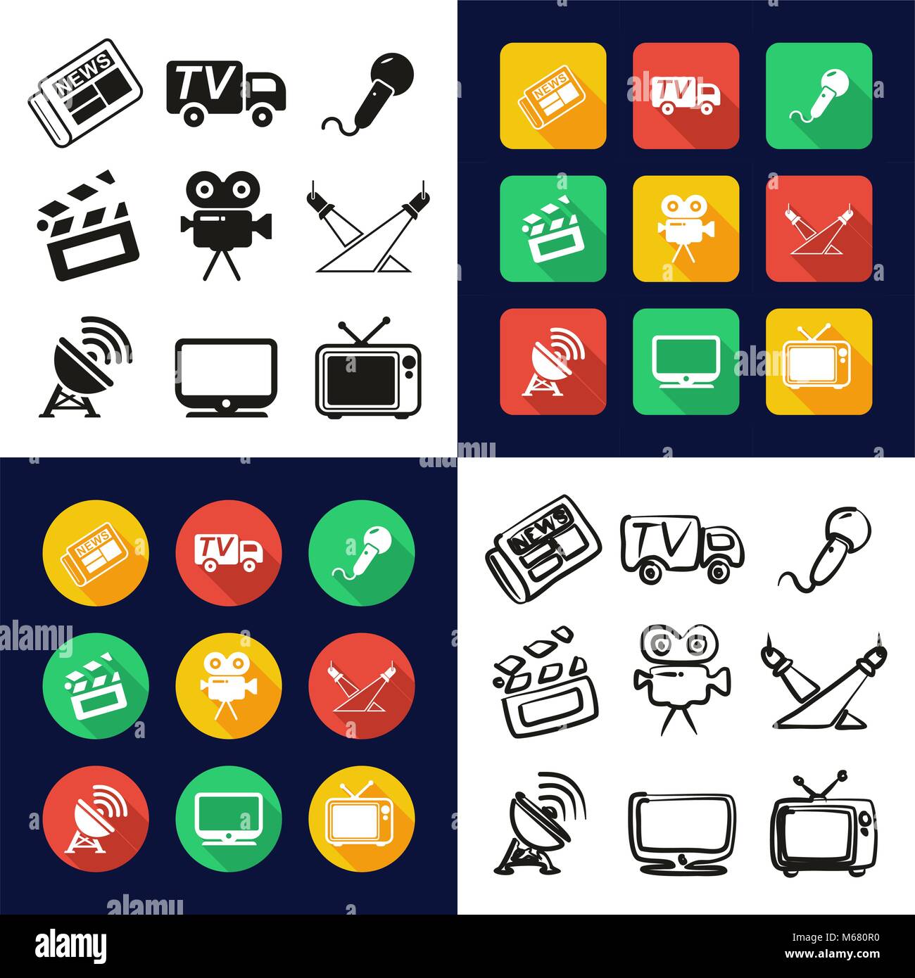 TV Station All in One Icons Black & White Color Flat Design Freehand ...