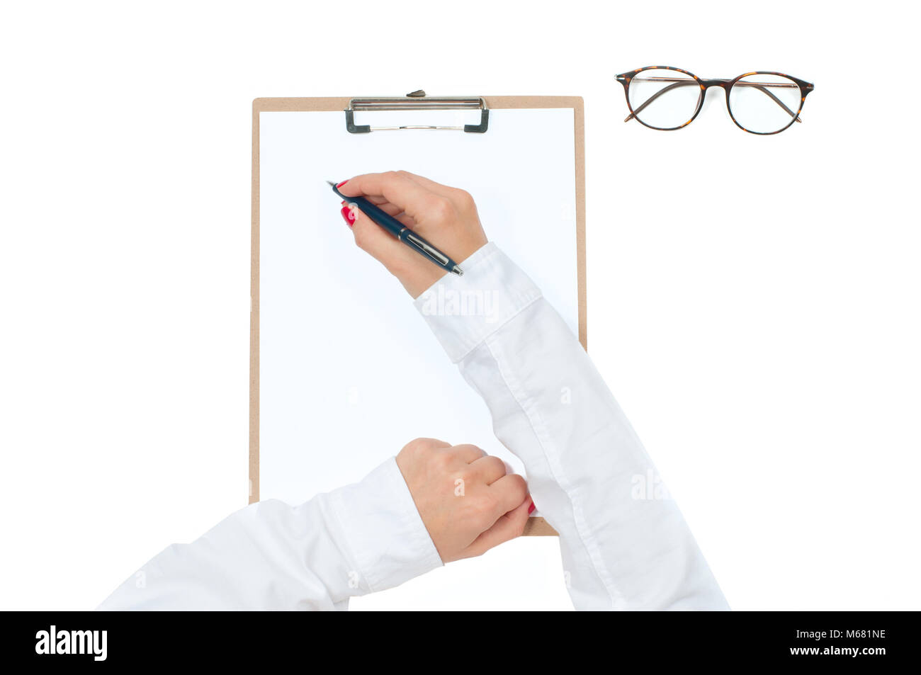 Top view office desk. Woman writing on document Workspace with female ...