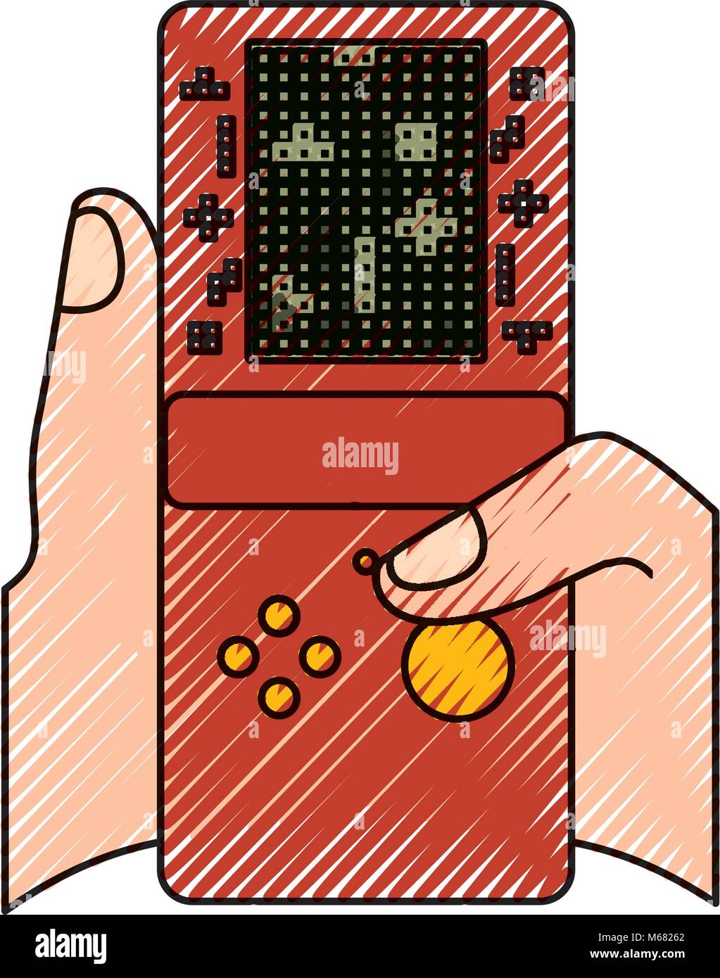 gamer hand holding console with tetris game on screen vector ...