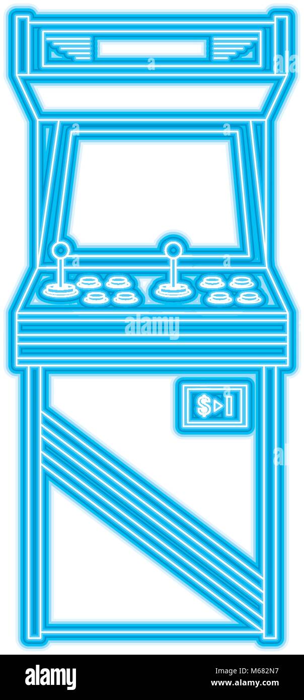 vintage arcade game machine with joysticks and buttons vector illustration blue neon line design ...