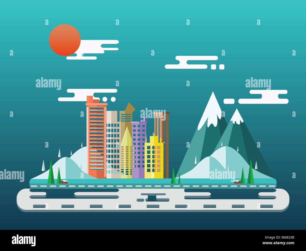 city flat scene design with building apartment and forest mountains ...