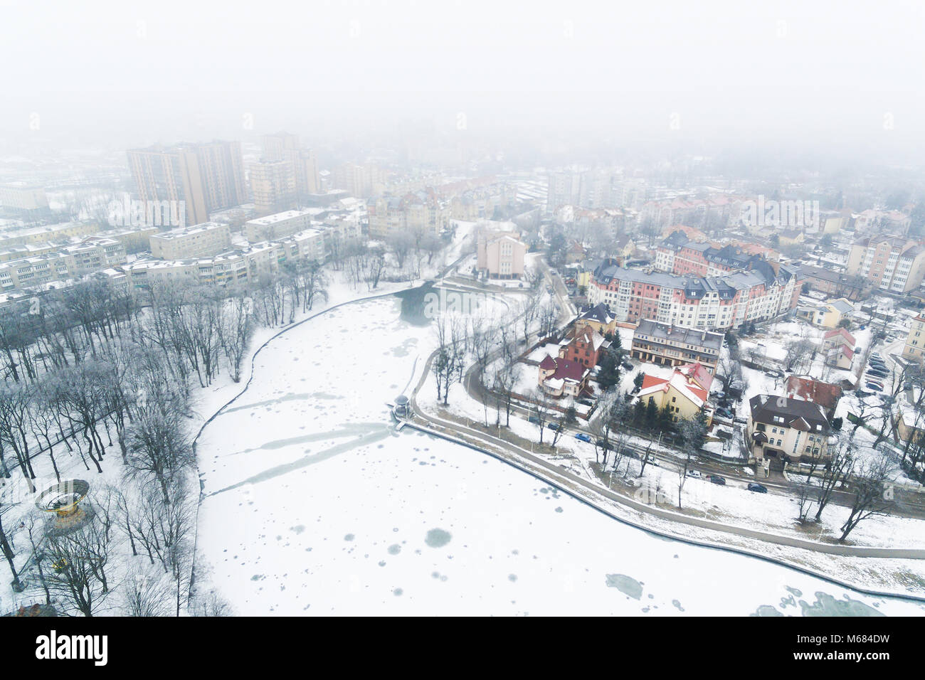 Aerial: Frozen Upper Lake in winter, Kaliningrad Stock Photo - Alamy