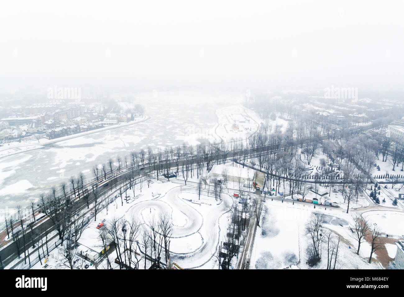Aerial view of the public park of Kaliningrad, foggy winter Stock Photo ...