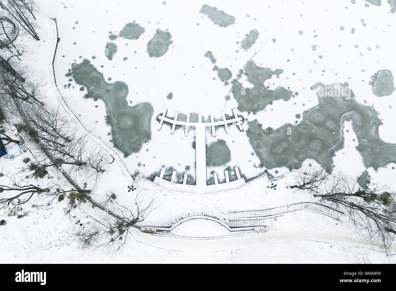 Aerial view of the public park of Kaliningrad, foggy winter Stock Photo ...