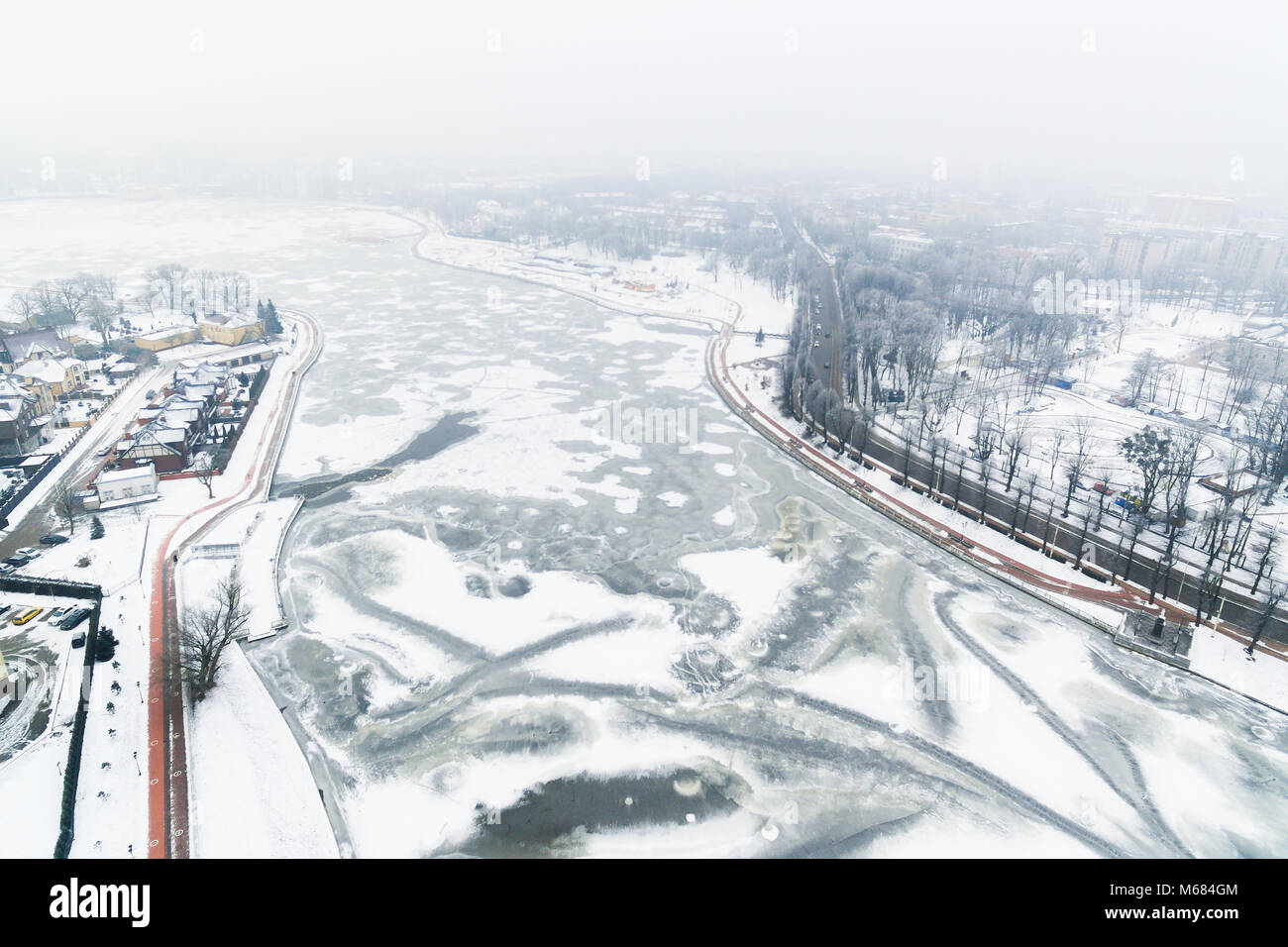 Aerial: Frozen Upper Lake in winter, Kaliningrad Stock Photo - Alamy