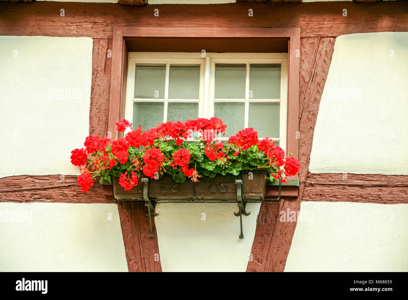 window of a typical half timber house in the medieval burg of Meersburg ...