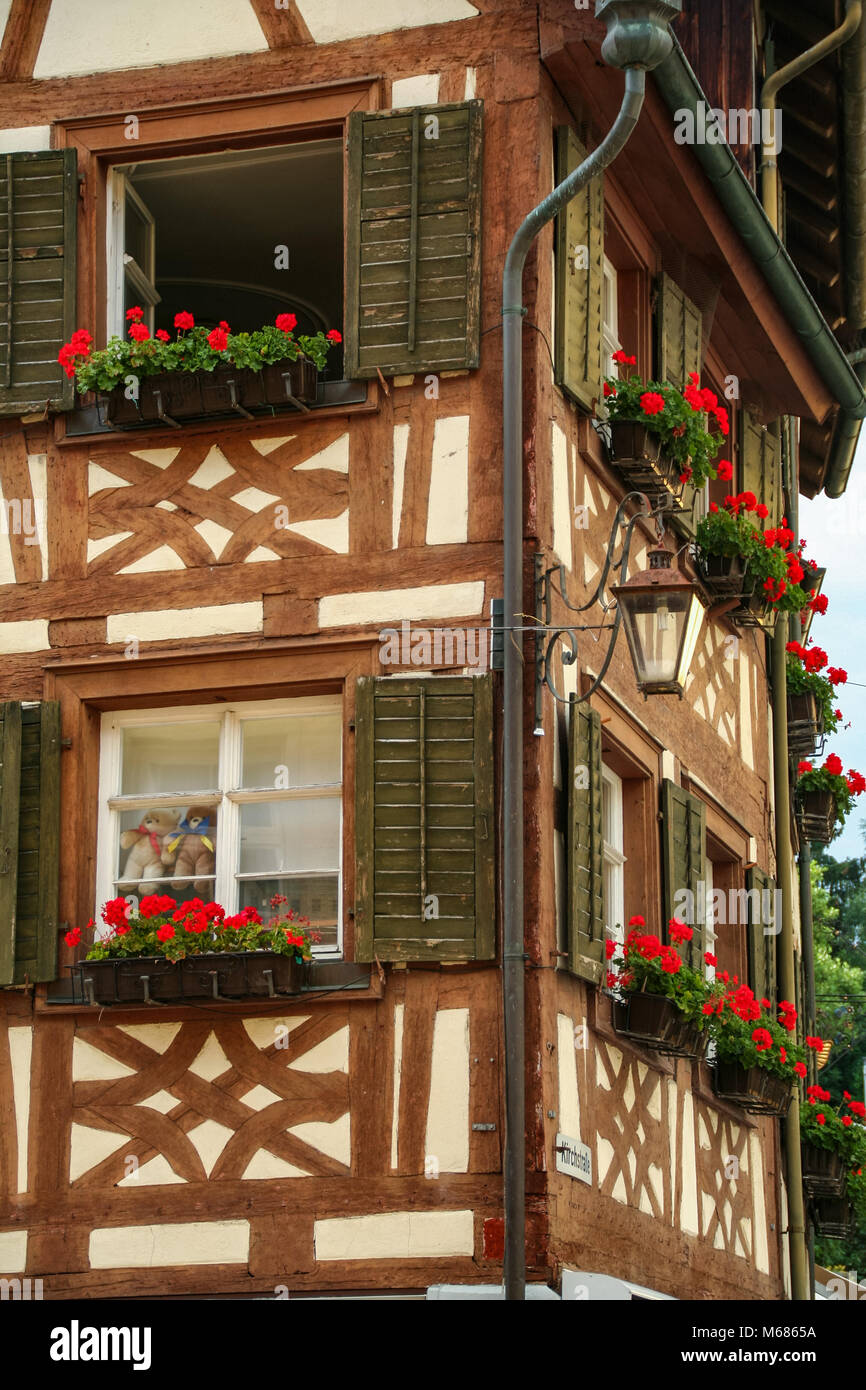 facade of a typical half timber house in the medieval burg of Meersburg ...