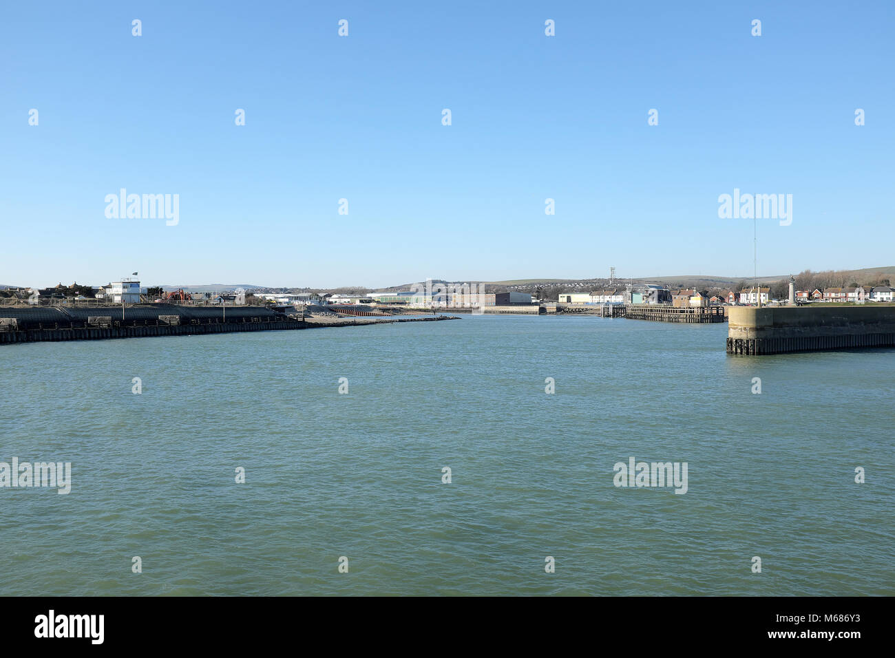 Shoreham Port, West Sussex, England. View into the Western Harbour Arm ...