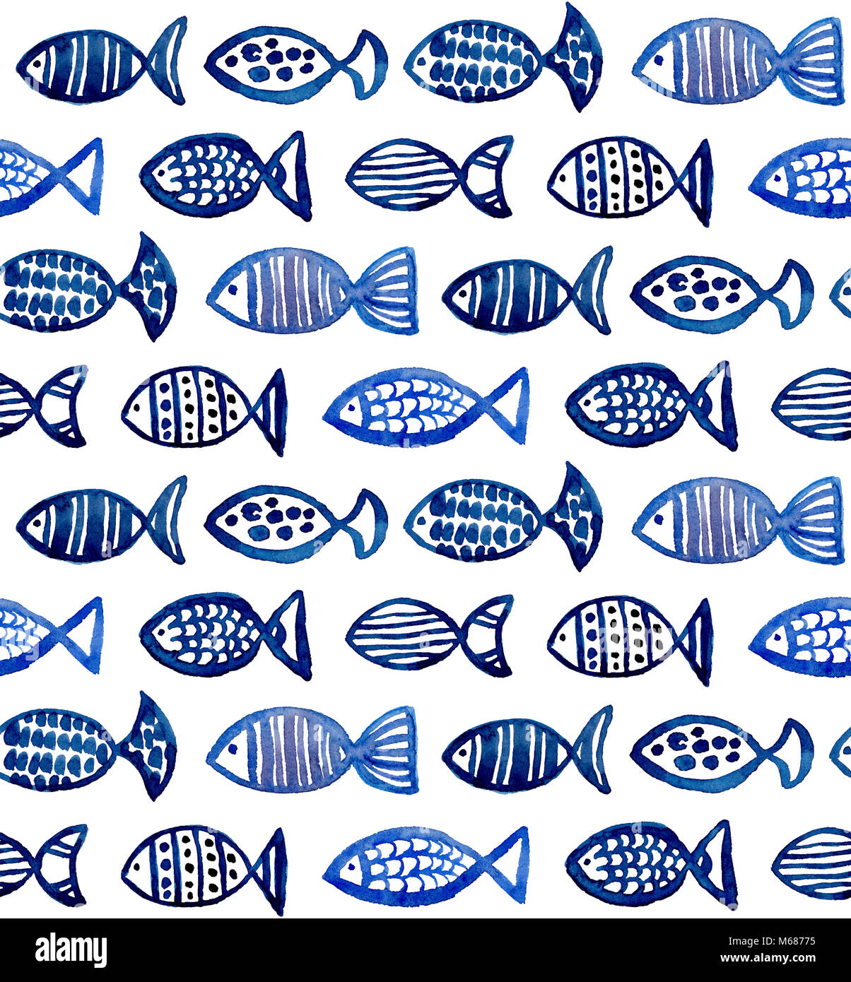 Watercolor blue fish pattern. Sea animal background. Aquarium ...