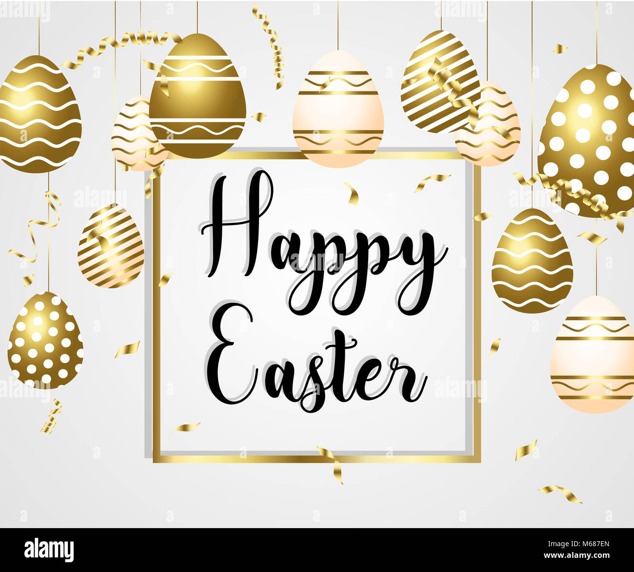 Happy Easter white background with colorful, dotted, striped gold eggs ...