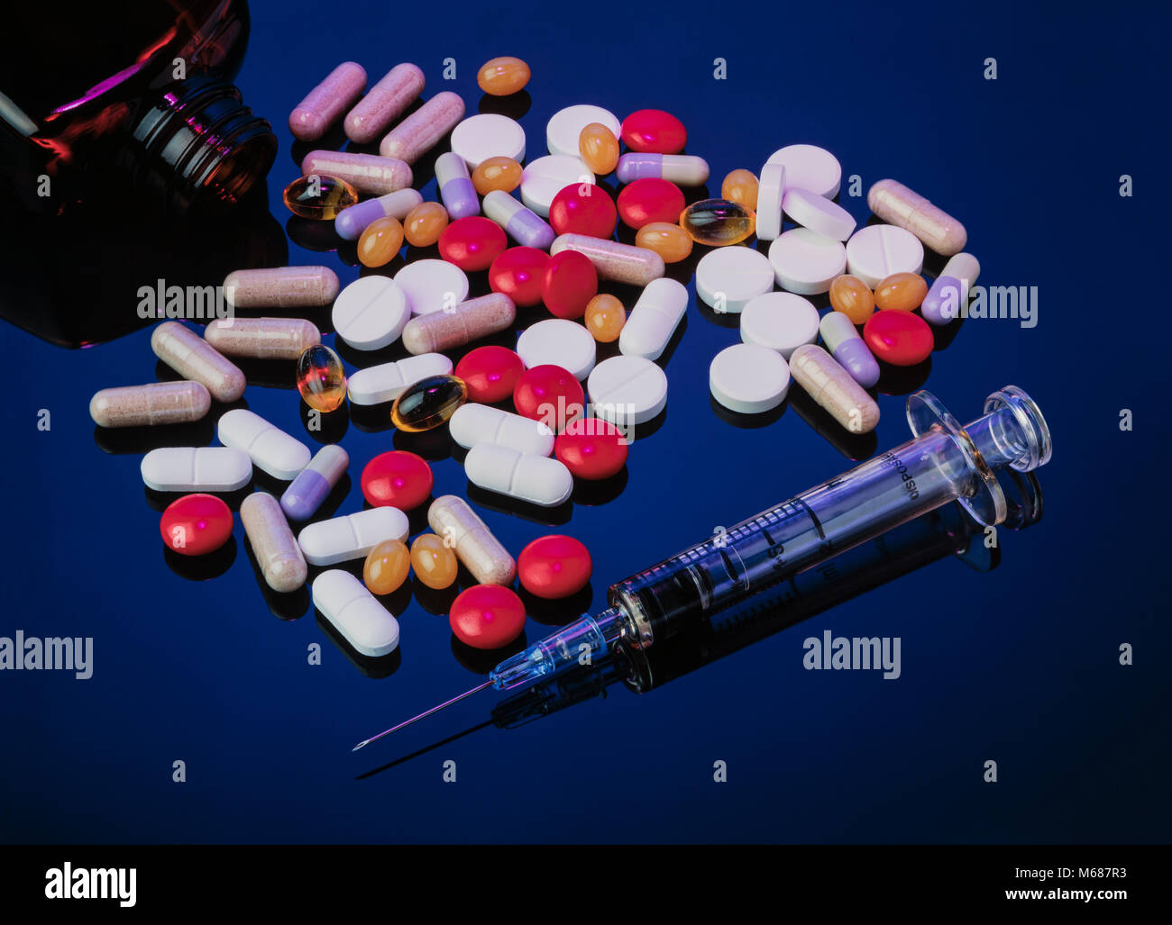 Selection of tablets and capsules with pill bottle and syringe Stock ...