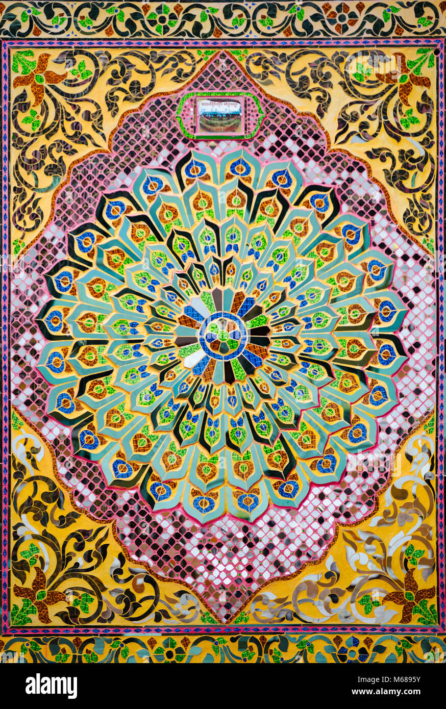 Detail of a colorful mosaic inside the Sutaungpyei Pagoda. Mandalay ...