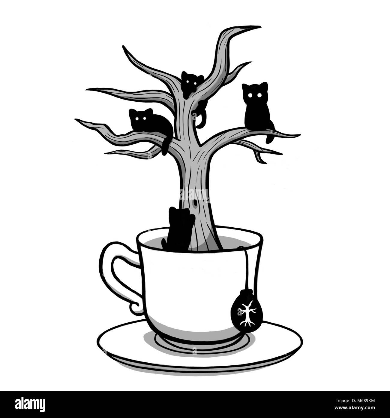 Bare tree with various cats growing inside a cup of tea Stock Photo - Alamy