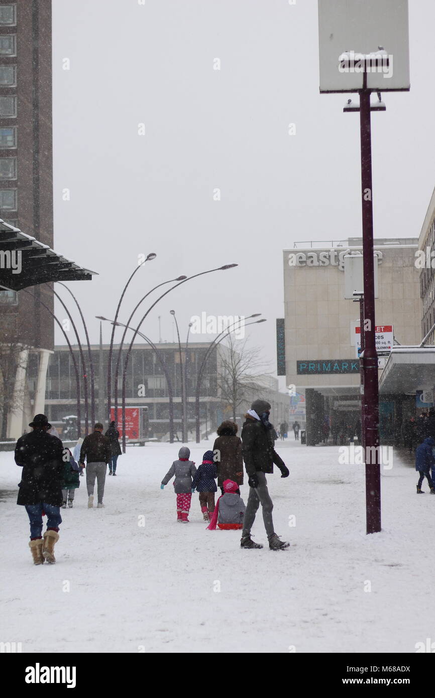 Snowfall and the sledges are out at Basildon Town, Essex, Britain Stock ...