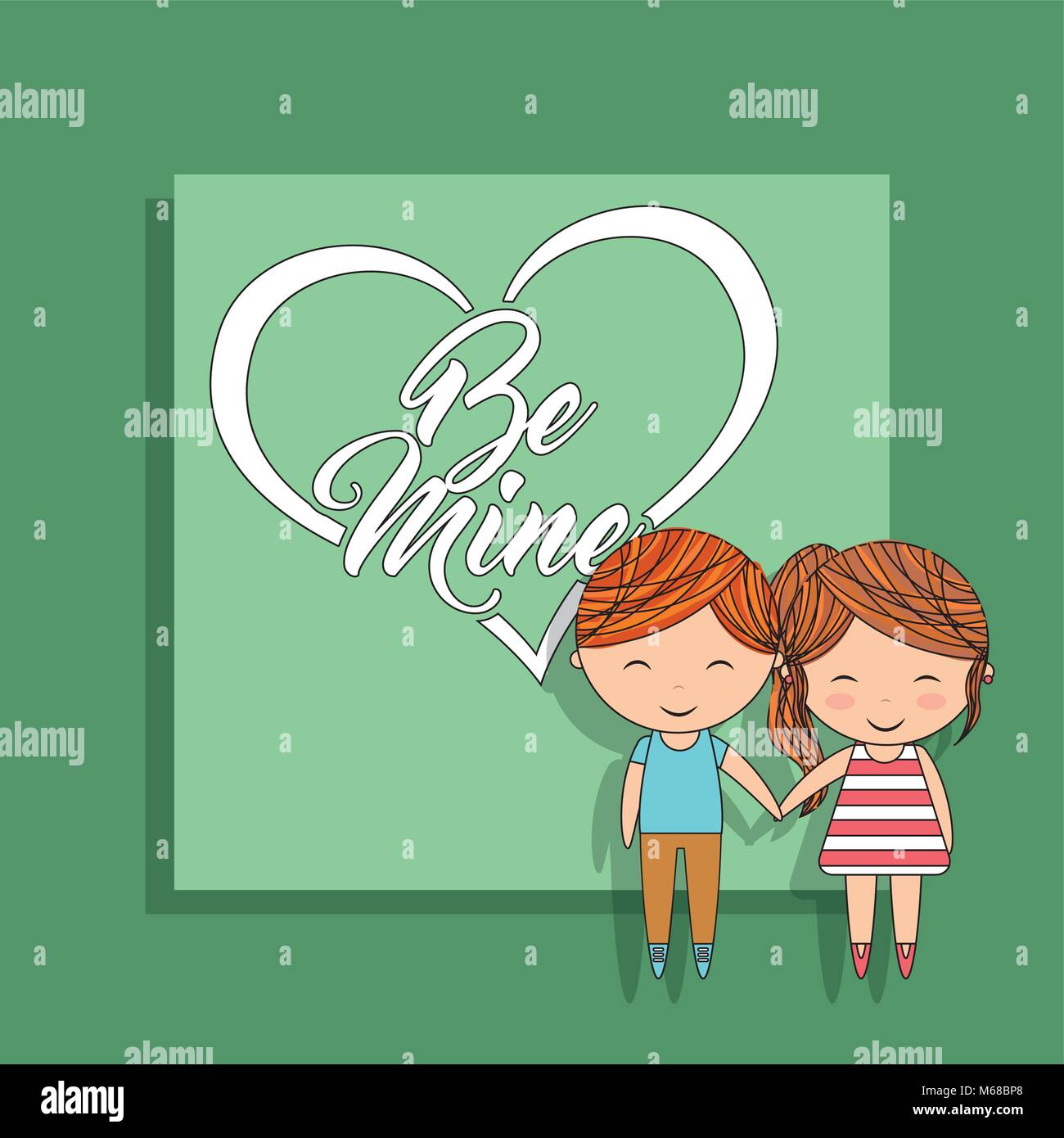 little couple be mine love heart green background vector illustration ...