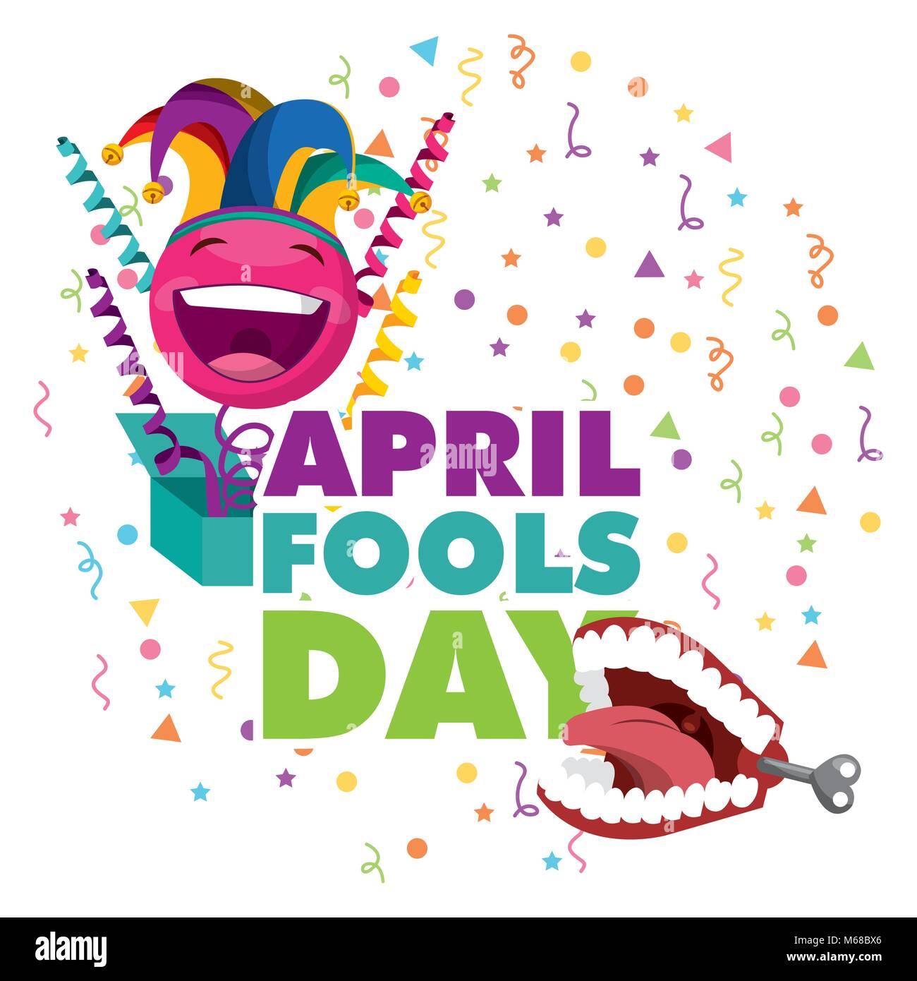 april fools day - emoticon in box and teeth prank vector illustration ...