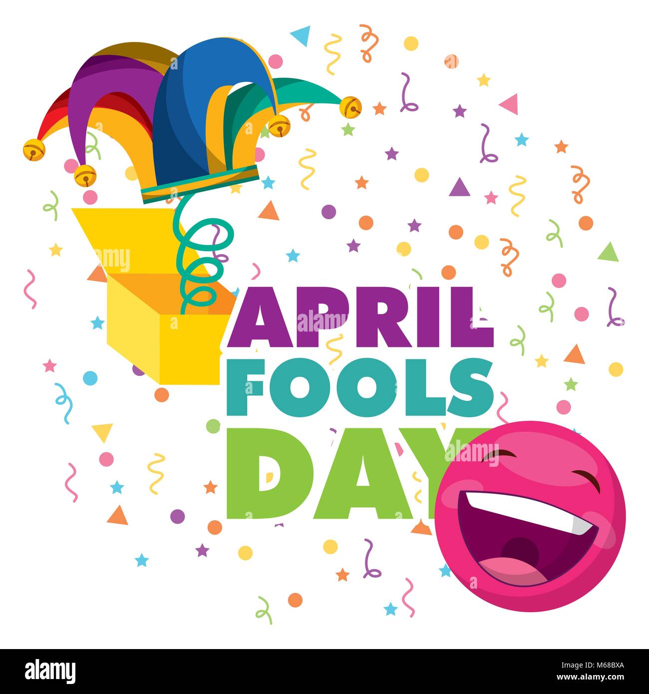 april fools day - smiling emoticon and prank box hat vector ...