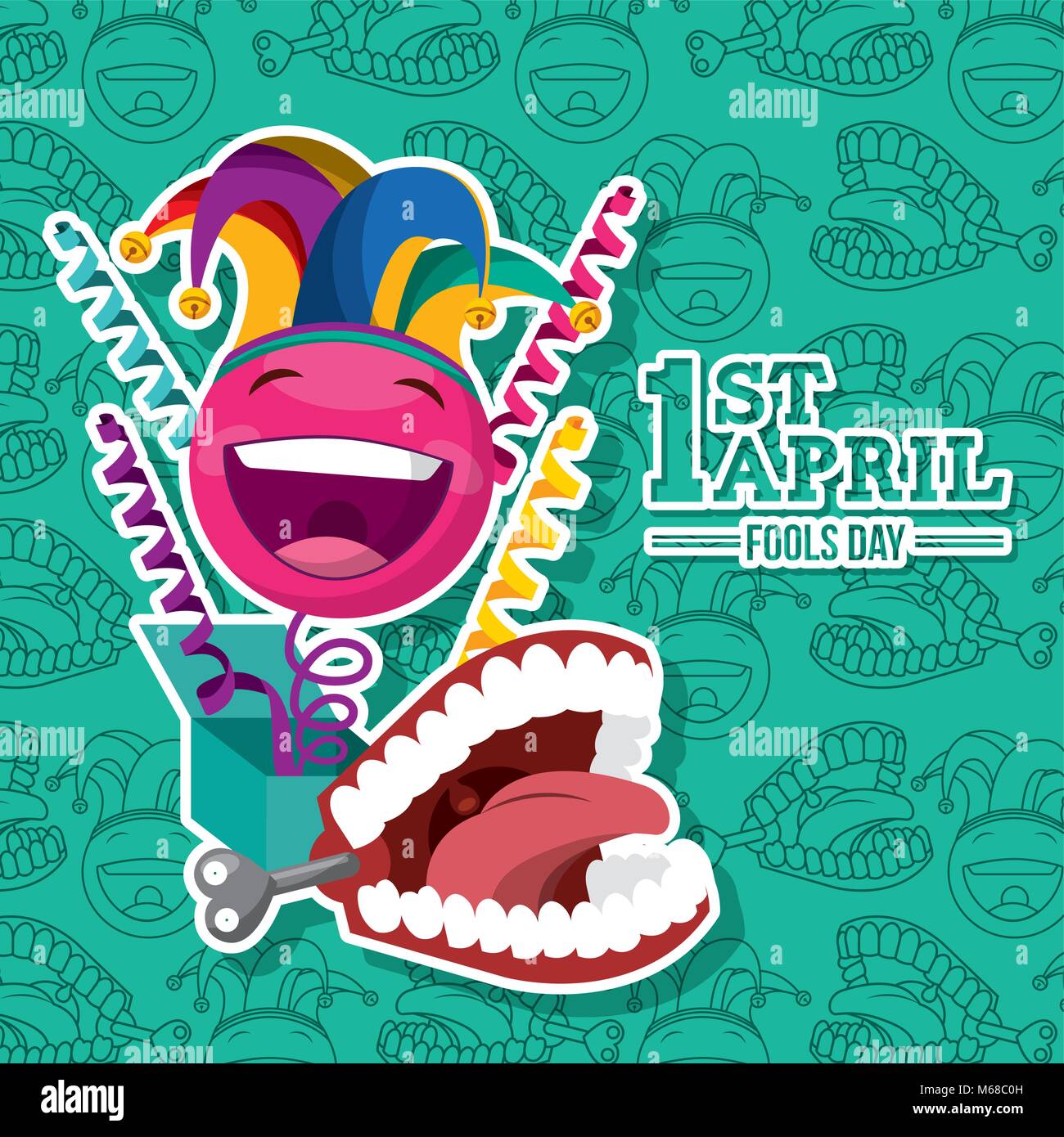 cheerful smile emoticon in box and prank teeth green background - 1st ...