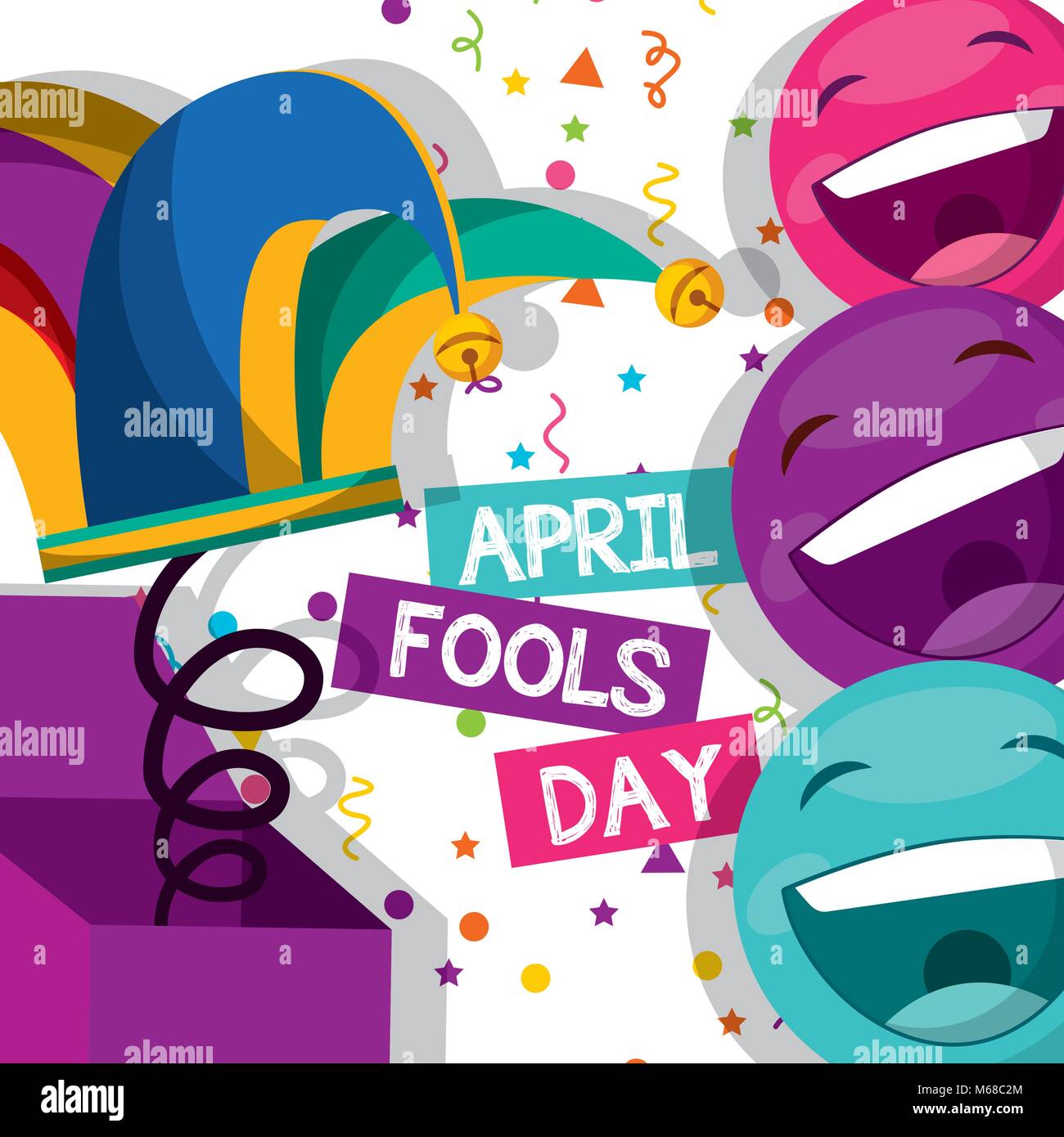 jester hat and emoticons confetti - april fools day vector illustration ...