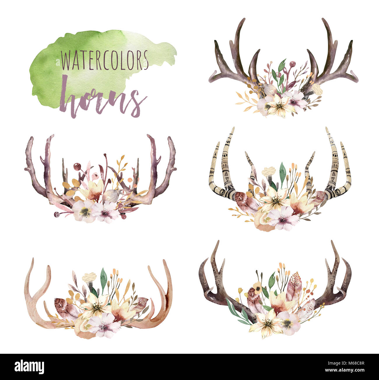 Boho Set of watercolor floral boho antler print. western bohemian ...