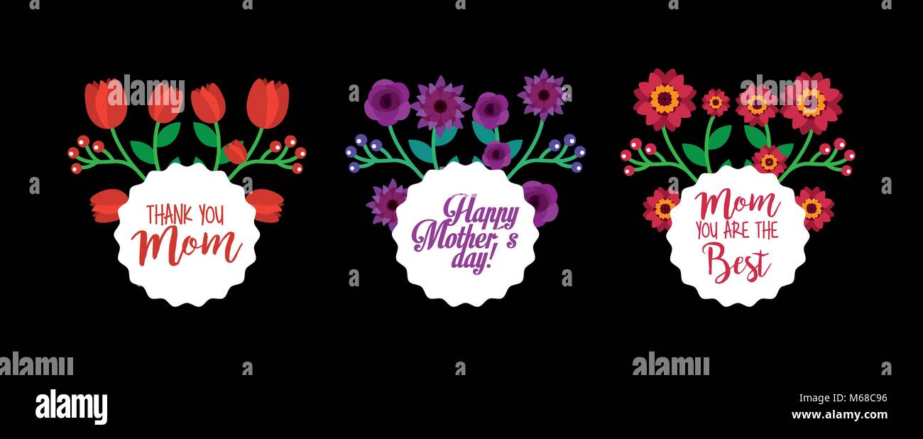 round labels decorative flowers black background set vector ...