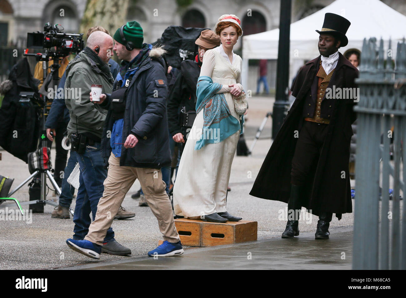 Claudia Jessie playing the part of Amelia Sedley seen filming scenes ...
