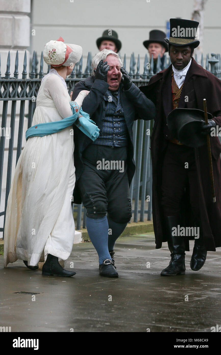 Claudia Jessie playing the part of Amelia Sedley seen filming scenes ...