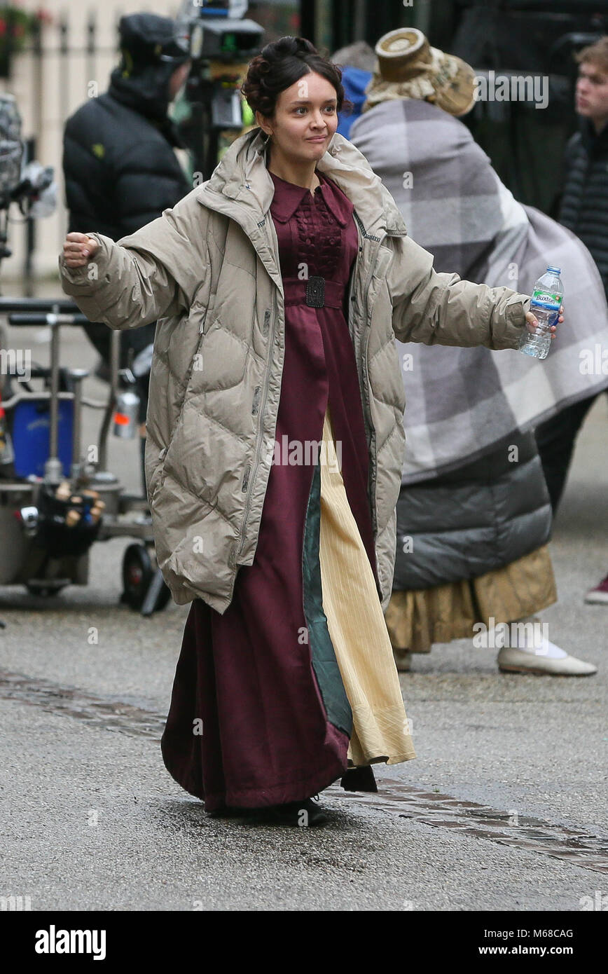 Claudia Jessie playing the part of Amelia Sedley seen filming scenes ...