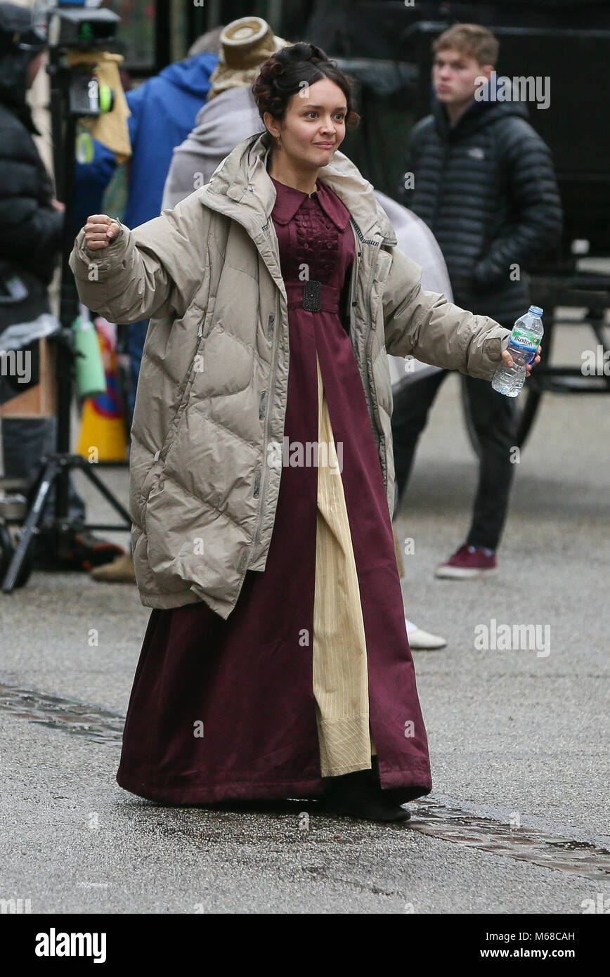 Claudia Jessie playing the part of Amelia Sedley seen filming scenes ...