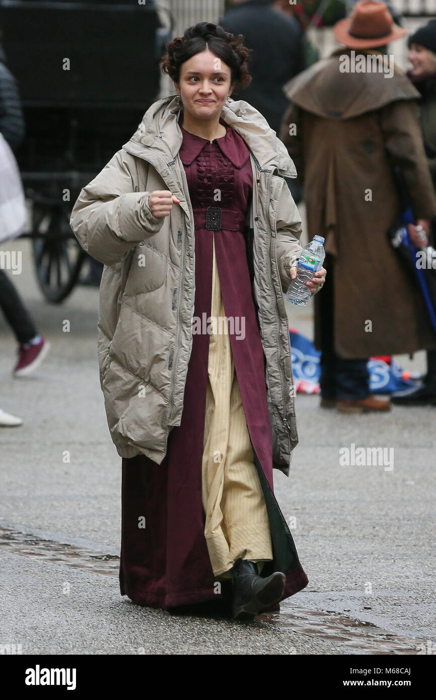 Claudia Jessie playing the part of Amelia Sedley seen filming scenes ...