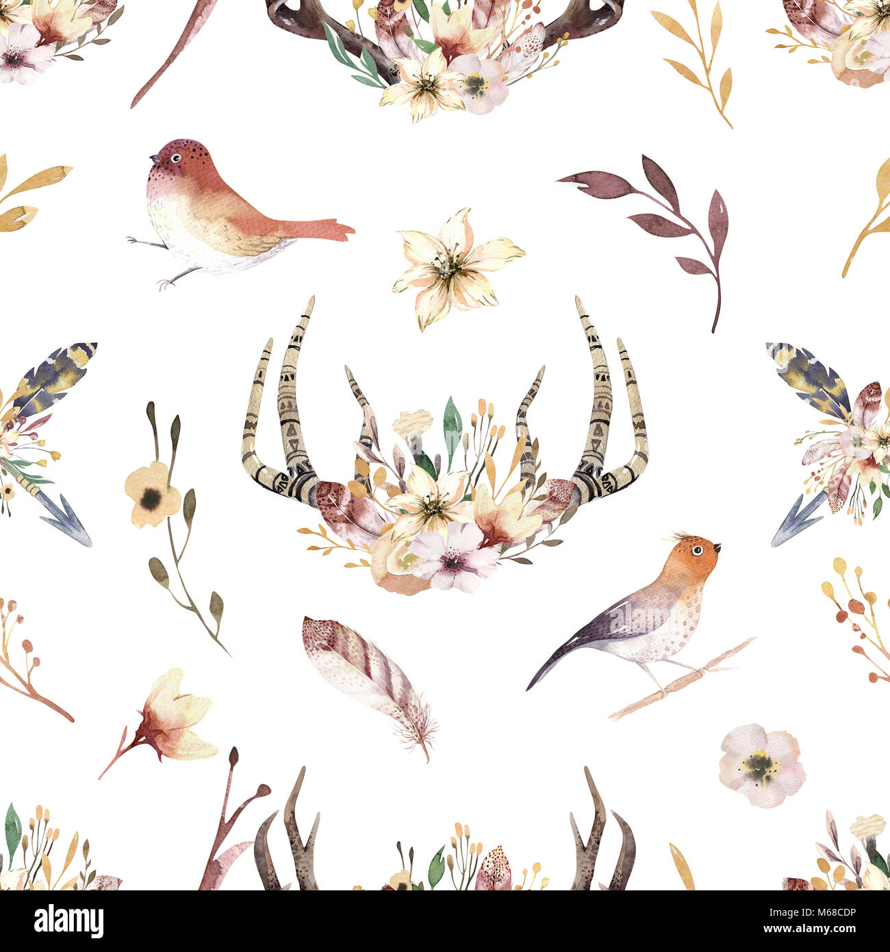Bohemiamn seamless pattern of watercolor floral boho antler print ...