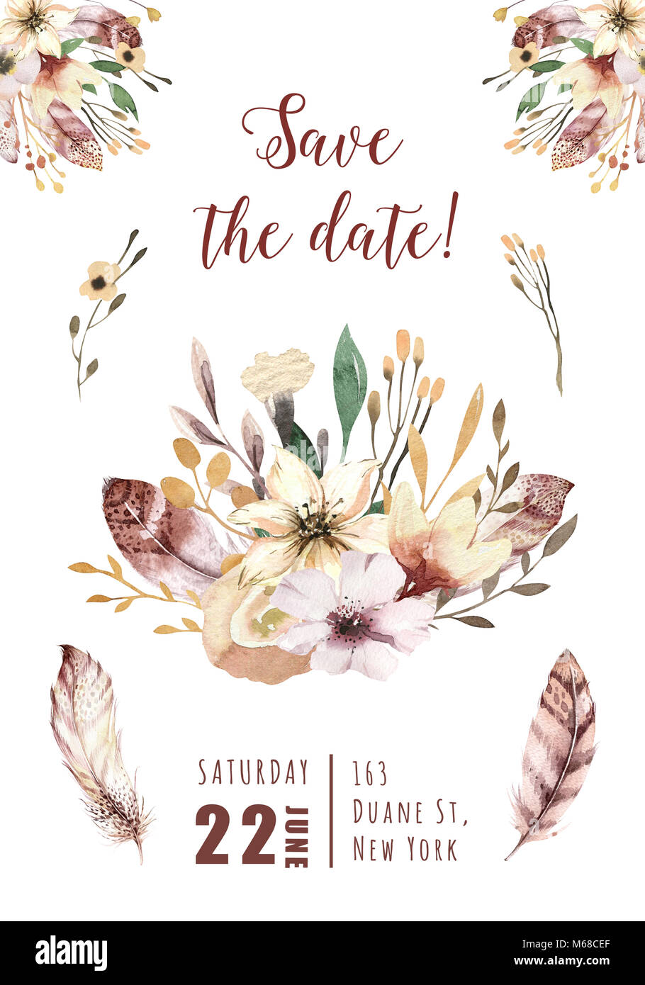 Set boho watercolor elements of flowers, garden and wild flowers ...