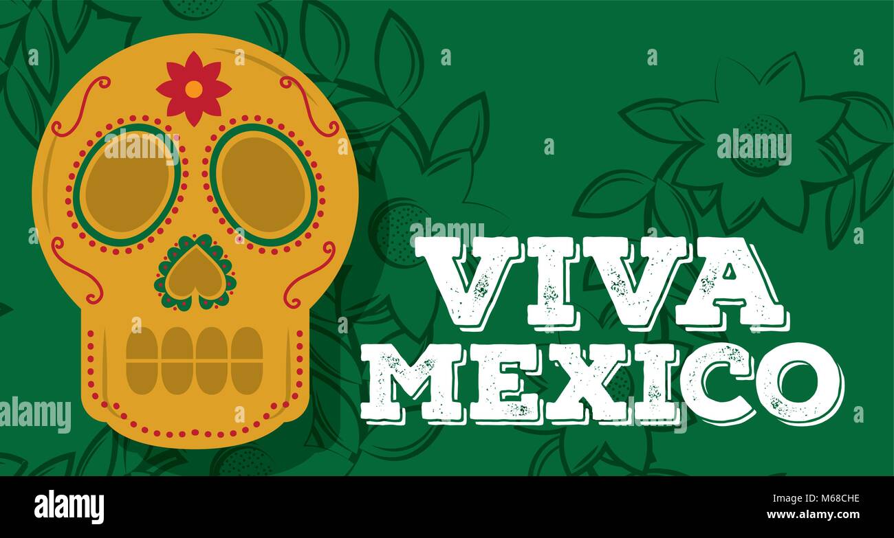 viva mexico skull decoration green floral background vector ...