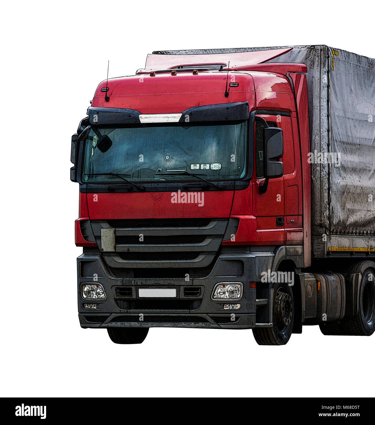 Red truck tractor with trailer on white background, close-up Stock ...