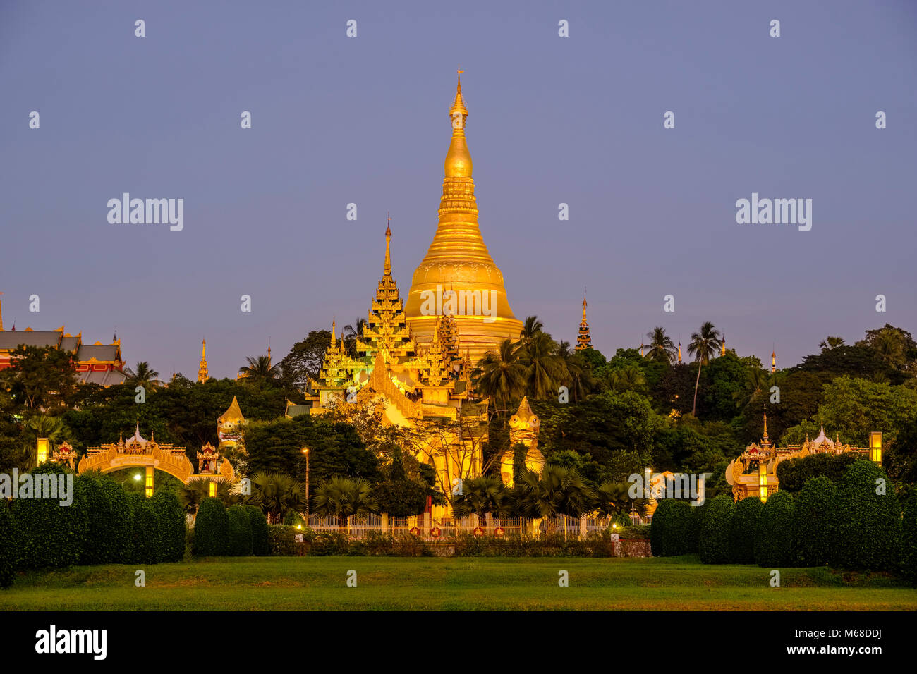 The golden Shwedagon pagoda, the most sacred pagoda of Myanmar, is ...