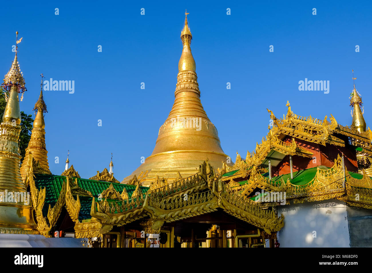 Detail of the golden Shwedagon pagoda, the most sacred pagoda of ...