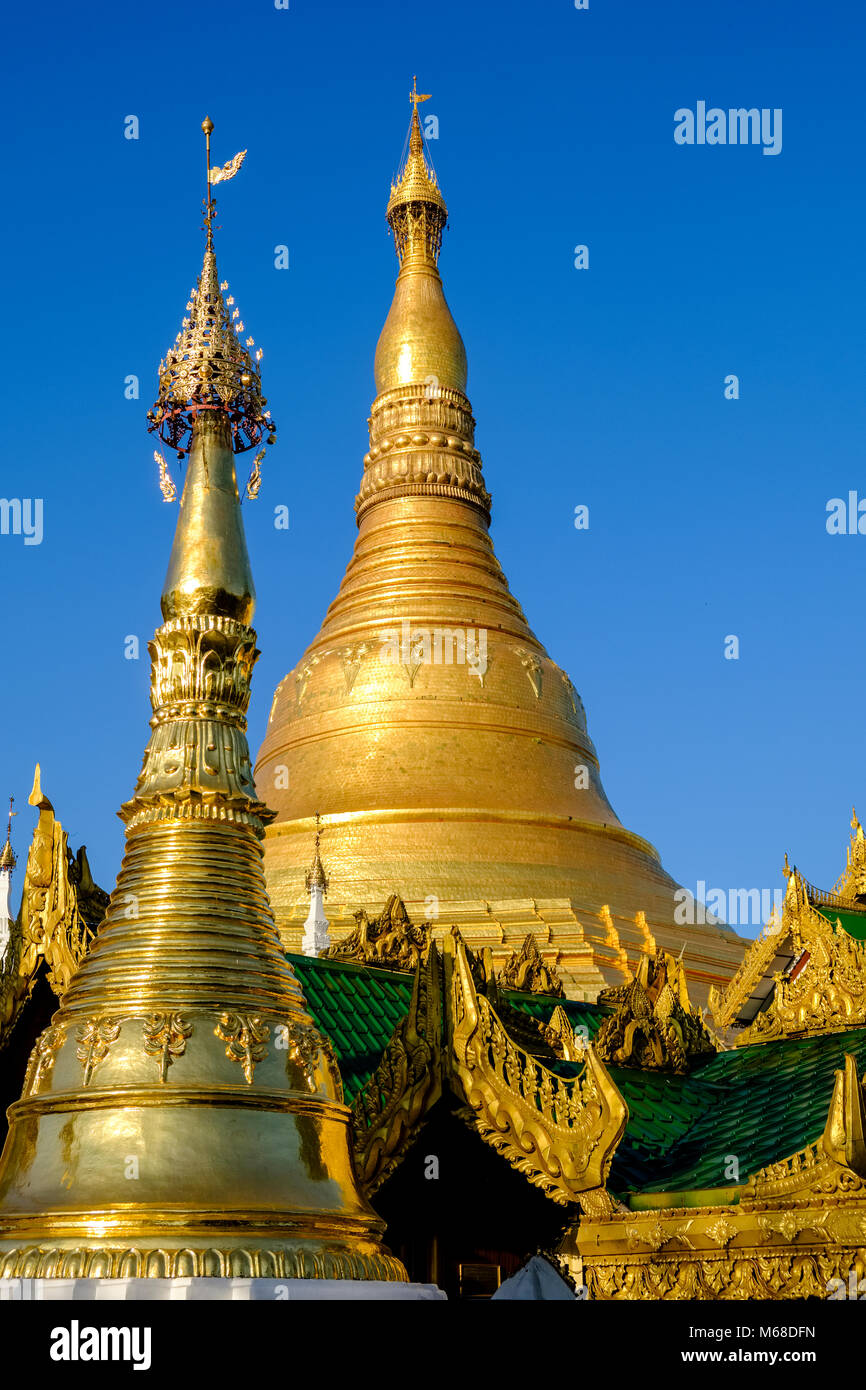 Detail of the golden Shwedagon pagoda, the most sacred pagoda of ...