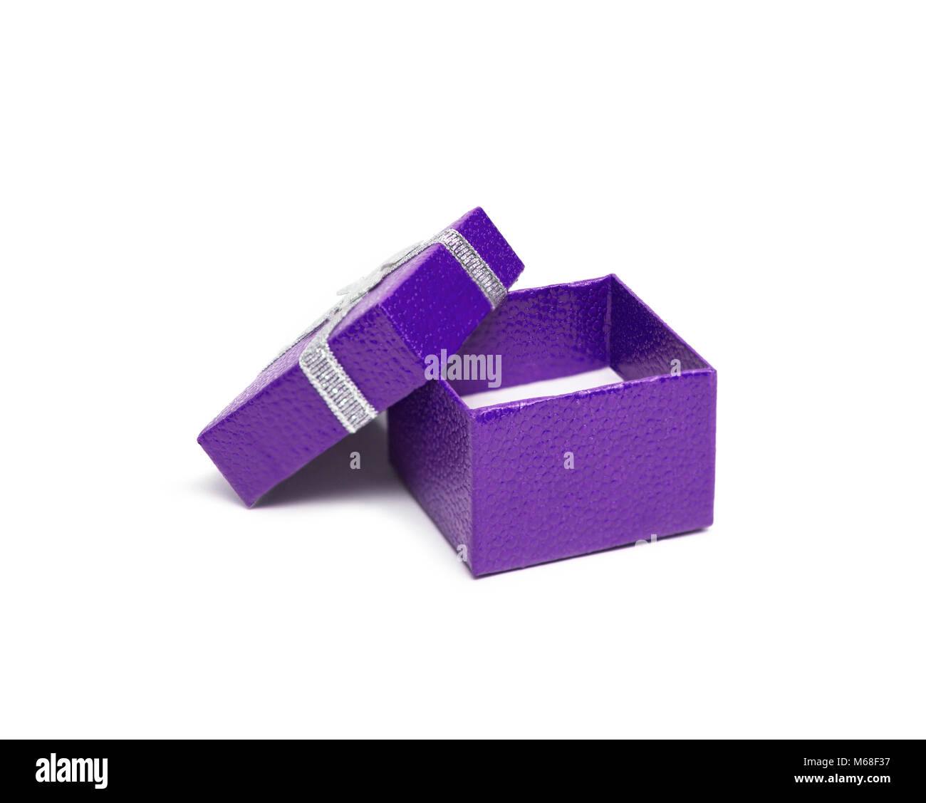 Open Violet gift box with silver ribbon isolated on white background ...