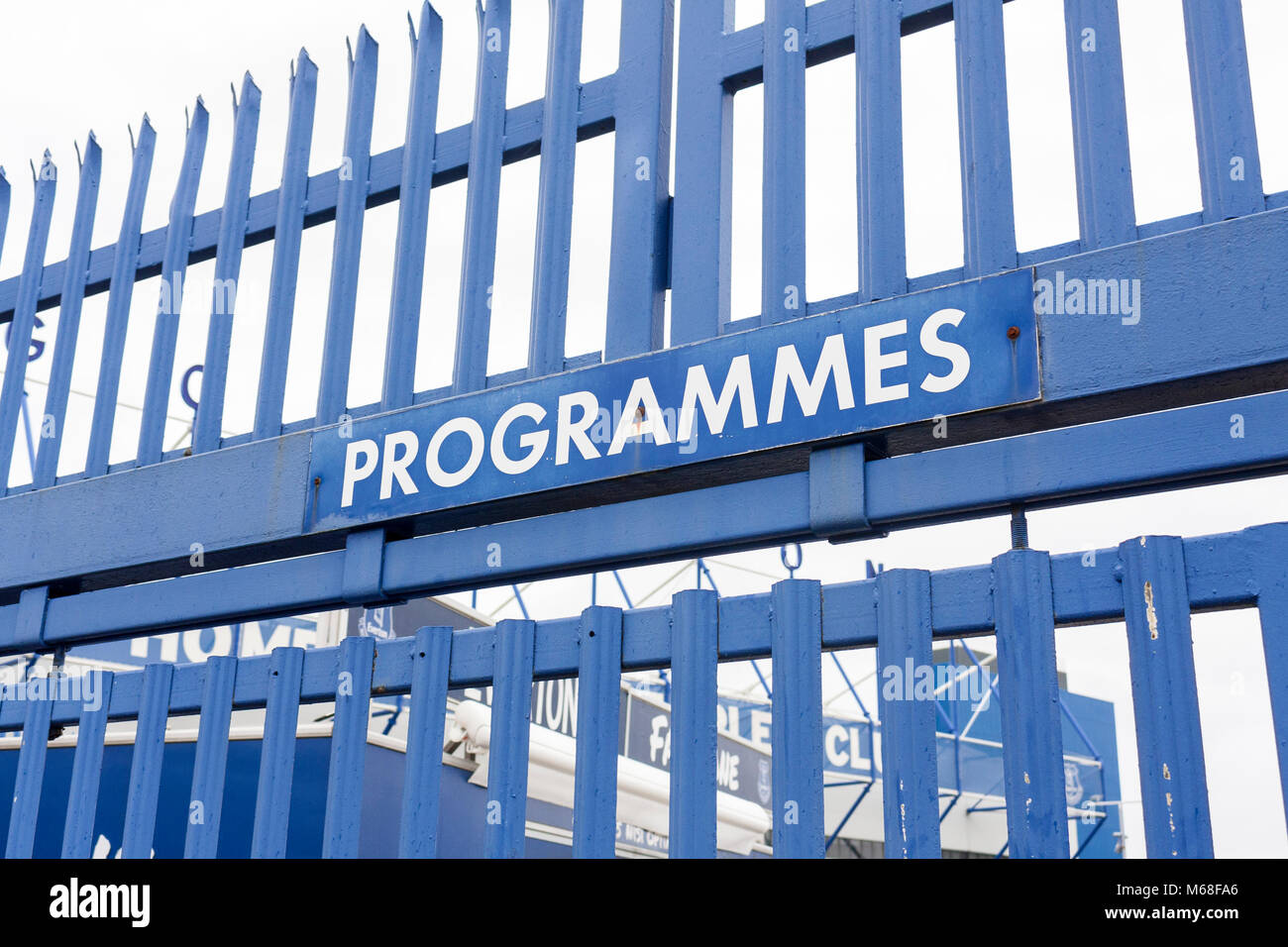 'Programmes' sign on gate outside Goodison Park, home to Everton ...